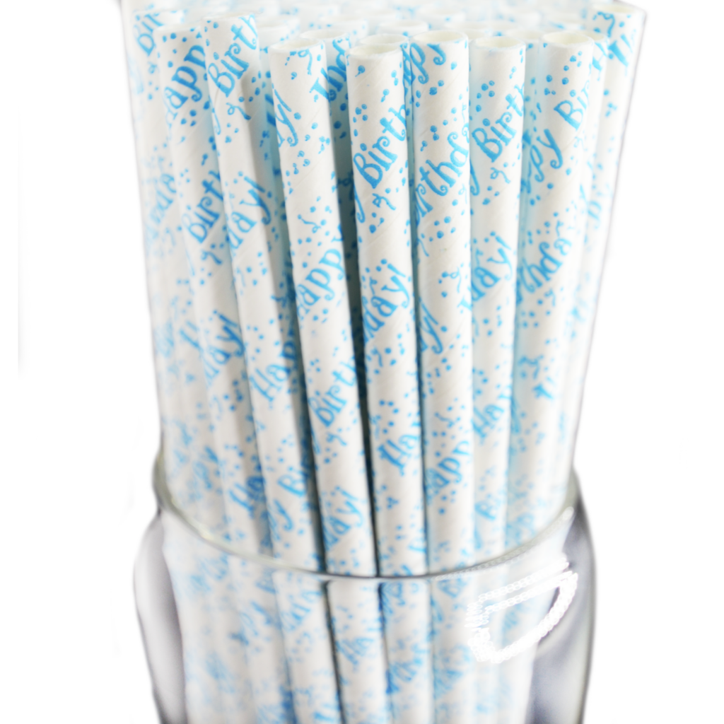 Happy Birthday Light Blue Paper Straw - Roc Paper Straws
